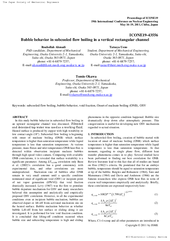 (PDF) ICONE19-43556 Bubble behavior in subcooled flow boiling in a vertical rectangular channel
