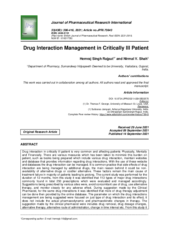 (PDF) Drug Interaction Management in Critically Ill Patient (PDF) Drug Interaction Management in Critically Ill Patient