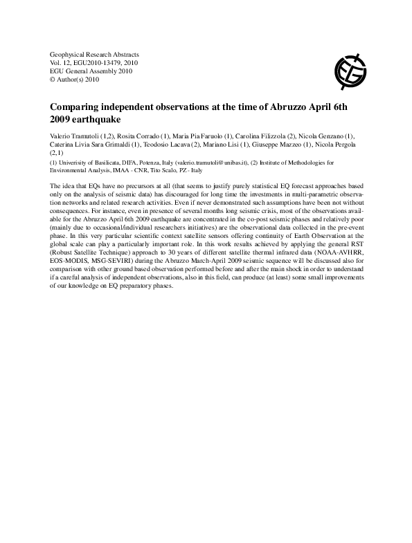 (PDF) Comparing independent observations at the time of Abruzzo April ...