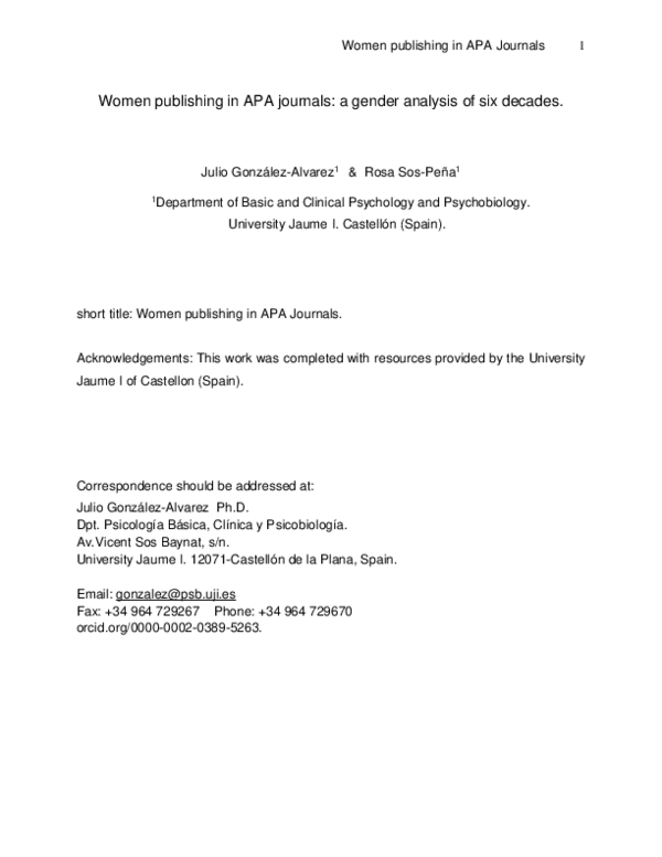 (PDF) Women Publishing in American Psychological Association Journals ...