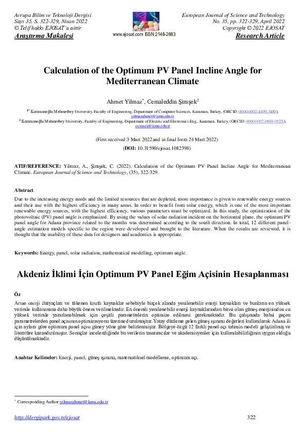 (PDF) Calculation of the Optimum PV Panel Incline Angle for Mediterranean Climate