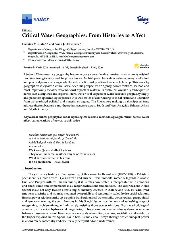 (PDF) Critical Water Geographies: From Histories to Affect