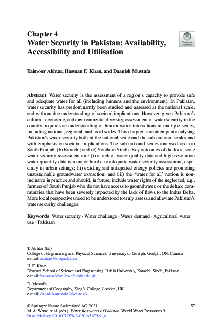 (PDF) Water Security in Pakistan: Availability, Accessibility and Utilisation