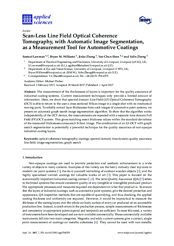 (PDF) Scan-Less Line Field Optical Coherence Tomography, with Automatic Image Segmentation, as a ...