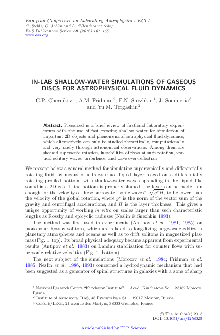Pdf In Lab Shallow Water Simulations Of Gaseous Discs For Astrophysical Fluid Dynamics Joel