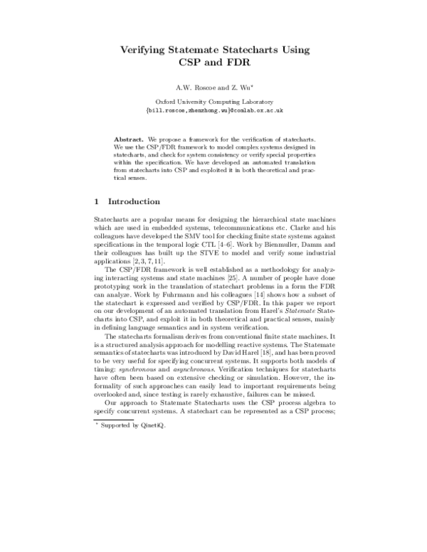 (PDF) Verifying Statemate Statecharts Using CSP and FDR