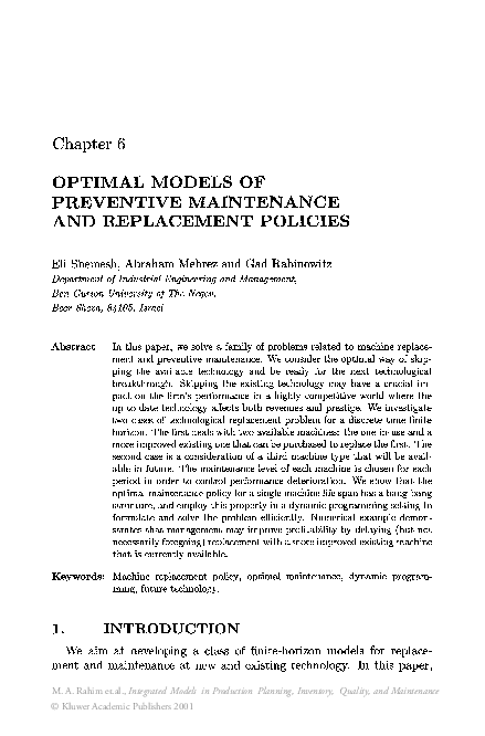 (PDF) Optimal Models of Preventive Maintenance and Replacement Policies