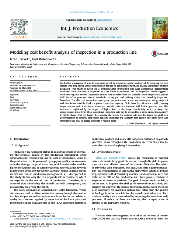(PDF) Modeling cost benefit analysis of inspection in a production line