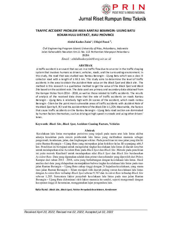(PDF) Traffic Accident Problem Area Rantau Berangin- Ujung Batu Rokan Hulu District, Riau Province