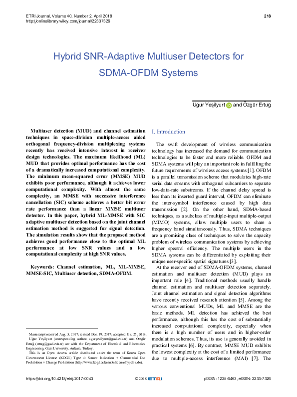Pdf Hybrid Snr Adaptive Multiuser Detectors For Sdma Ofdm Systems