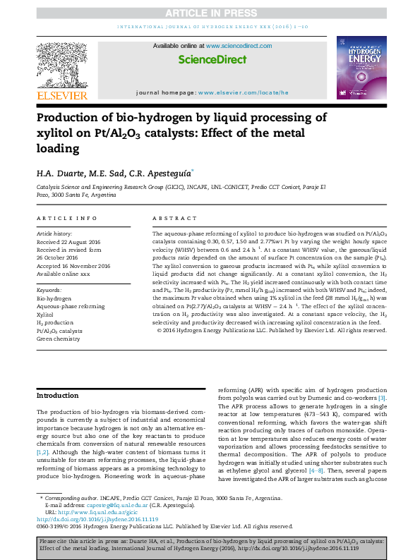 (PDF) Production of bio-hydrogen by liquid processing of xylitol on Pt/Al2O3 catalysts: Effect ...