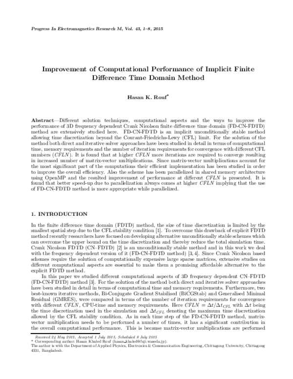 Pdf Improvement Of Computational Performance Of Implicit Finite Difference Time Domain Method