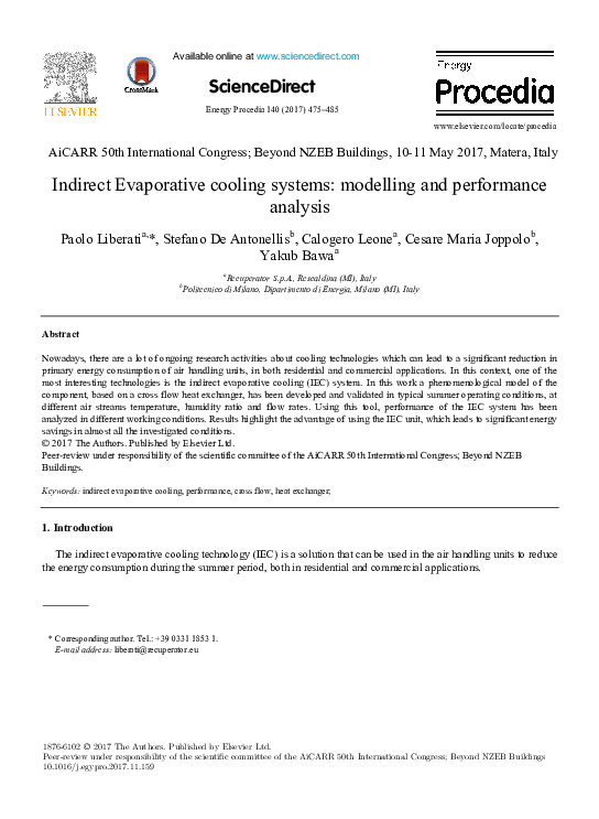 (PDF) Indirect Evaporative cooling systems: modelling and performance analysis