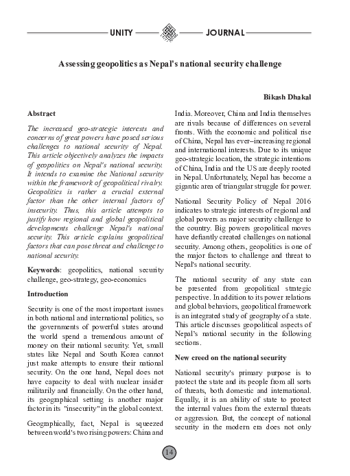 (PDF) Assessing geopolitics as Nepal's national security challenge