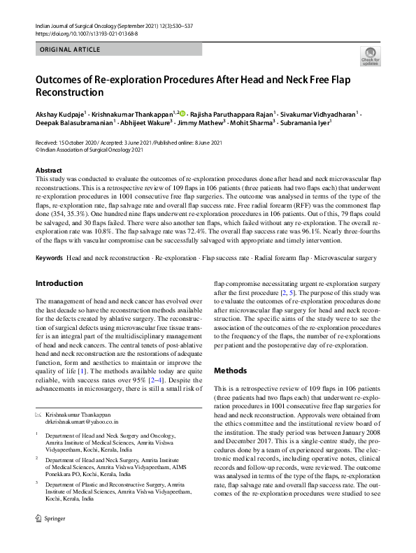 (PDF) Outcomes of Re-exploration Procedures After Head and Neck Free ...