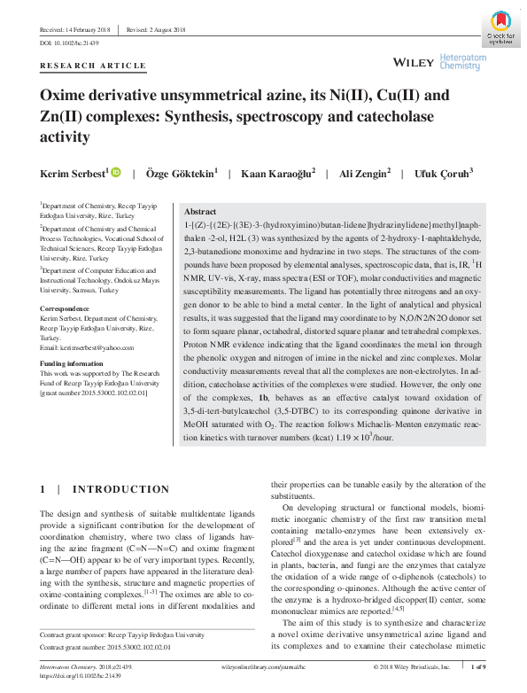 (PDF) Oxime derivative unsymmetrical azine, its Ni(II), Cu(II) and Zn(II) complexes: Synthesis ...