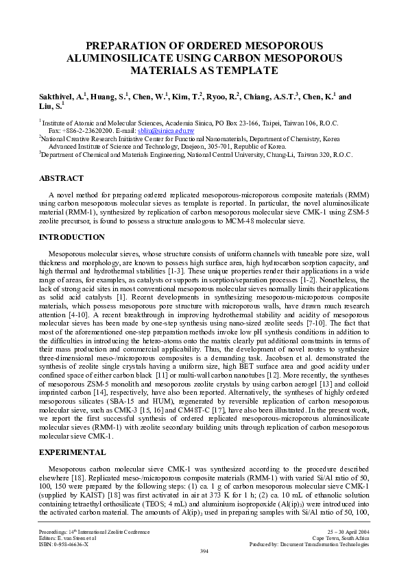 (PDF) Preparation of ordered mesoporous aluminosilicate using carbon ...
