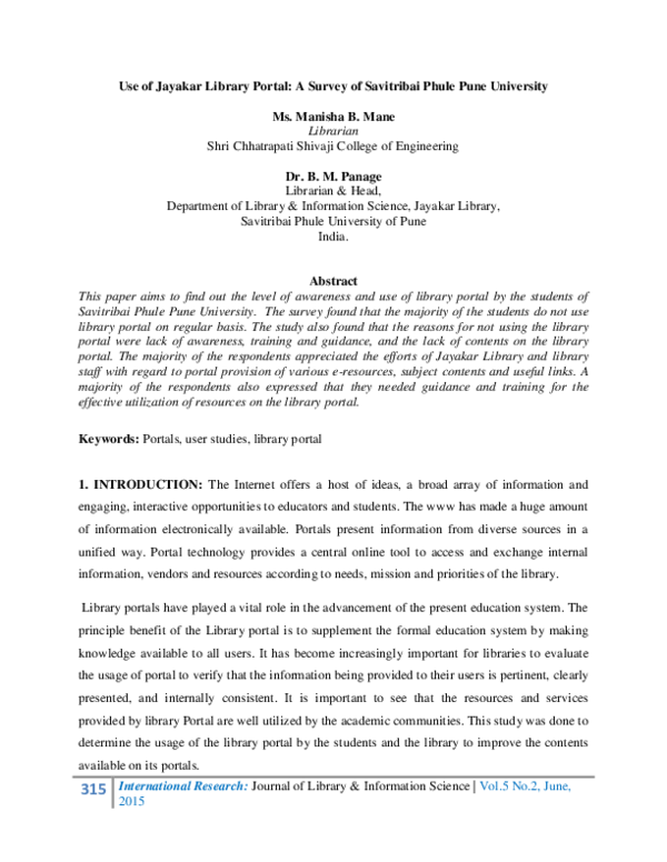 (PDF) Use of Jayakar Library Portal: A Survey of Savitribai Phule Pune ...