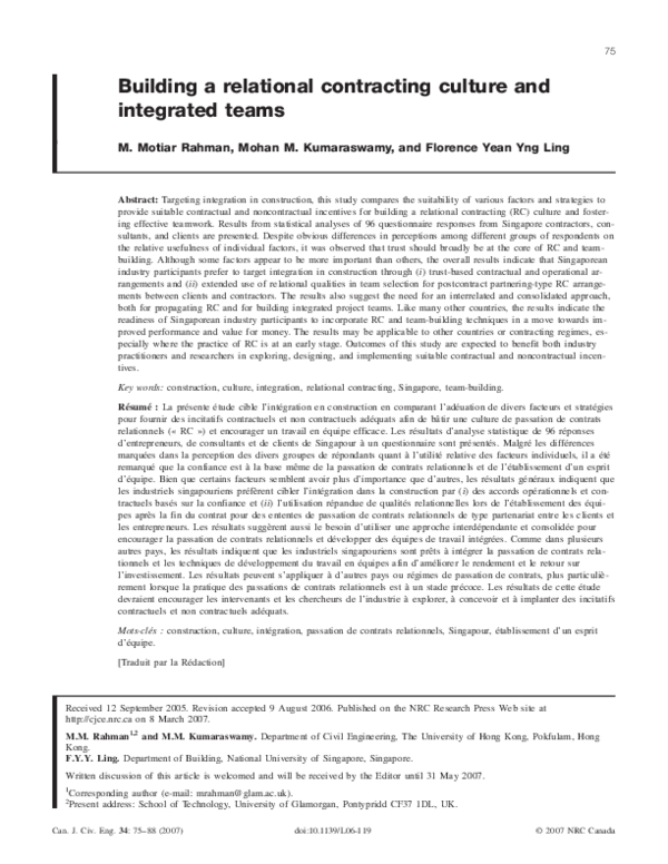 (PDF) Building a relational contracting culture and integrated teams