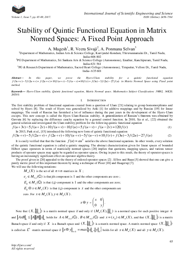 (PDF) Stability of Quintic Functional Equation in Matrix Normed Spaces: A Fixed Point Approach