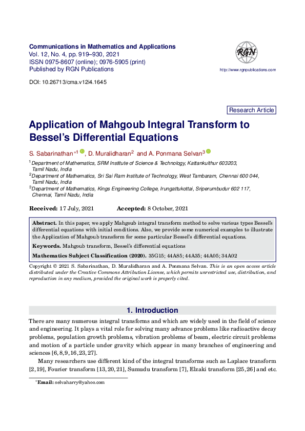 (PDF) Application of Mahgoub Integral Transform to Bessel’s Differential Equations