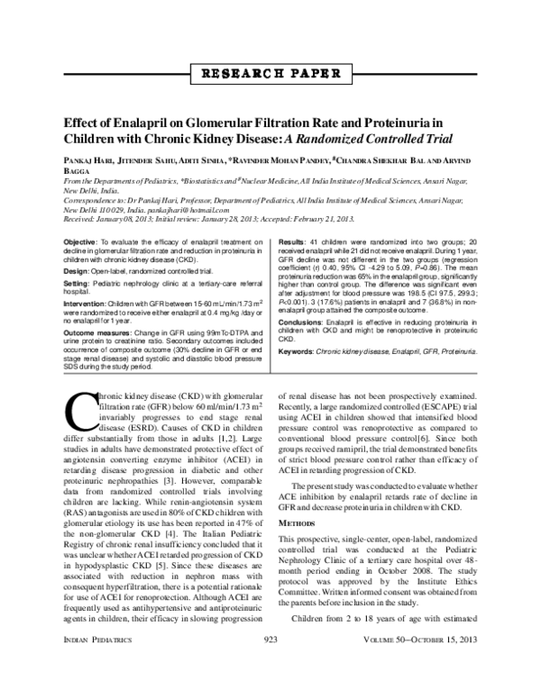 (PDF) Effect of enalapril on glomerular filtration rate and proteinuria in children with chronic ...