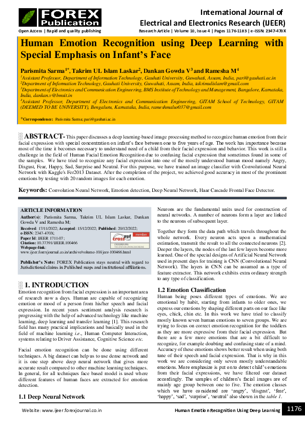 Pdf Human Emotion Recognition Using Deep Learning With Special Emphasis On Infants Face