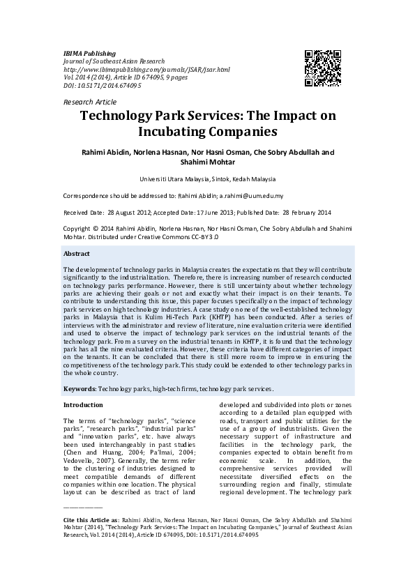(PDF) Technology Park Services: The Impact on Incubating Companies