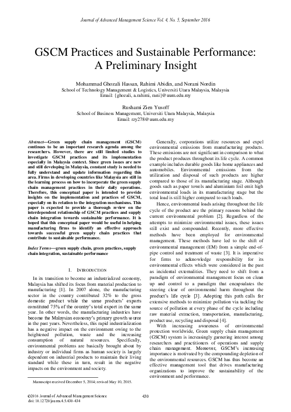 (PDF) GSCM Practices and Sustainable Performance: A Preliminary Insight
