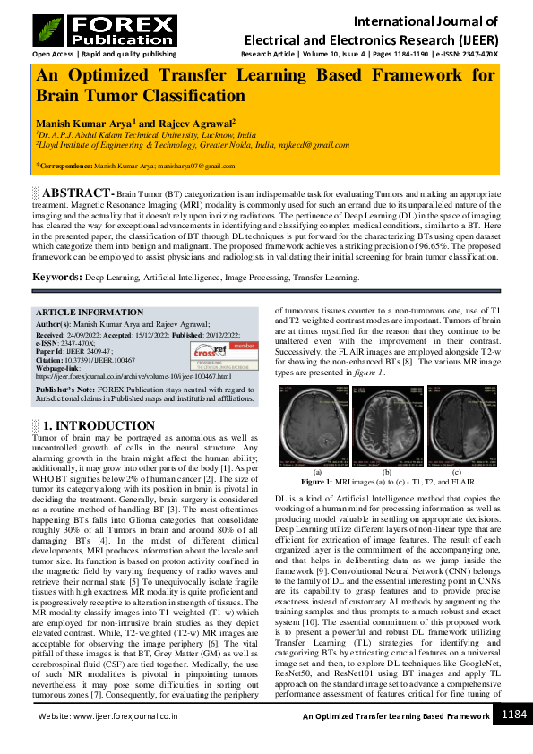 Pdf An Optimized Transfer Learning Based Framework For Brain Tumor Classification