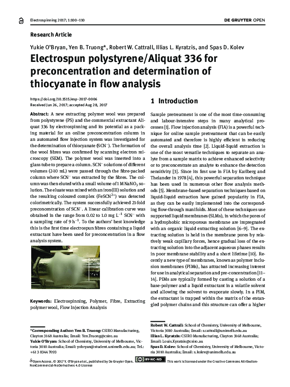 Pdf Electrospun Polystyrene Aliquat 336 For Preconcentration And Determination Of Thiocyanate