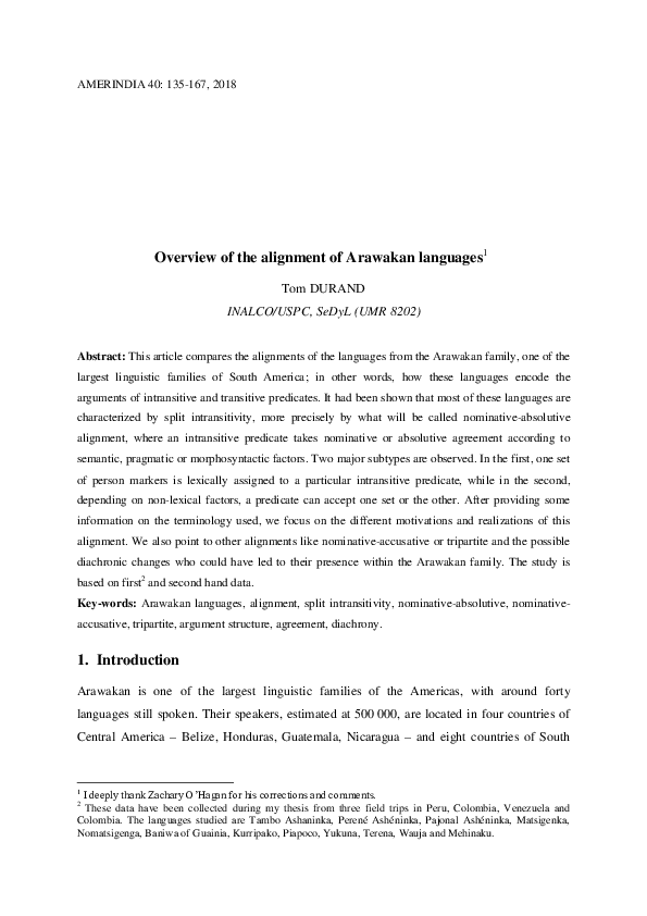 (PDF) Overview Of The Alignment Of Arawakan Languages | Tom Durand ...