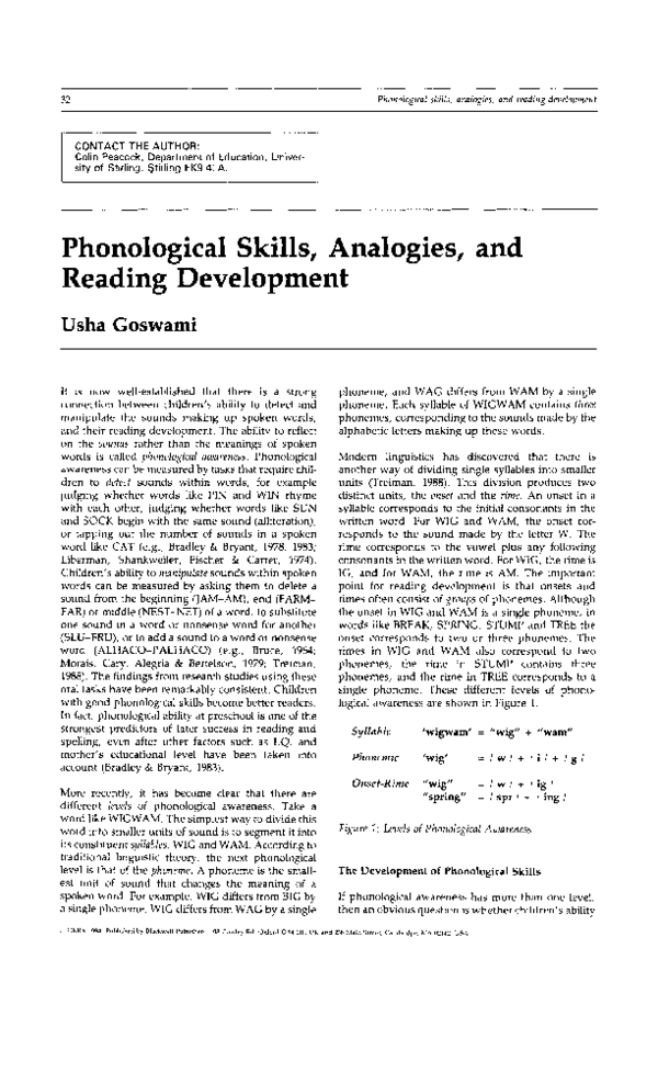 (PDF) Phonological Skills, Analogies, and Reading Development