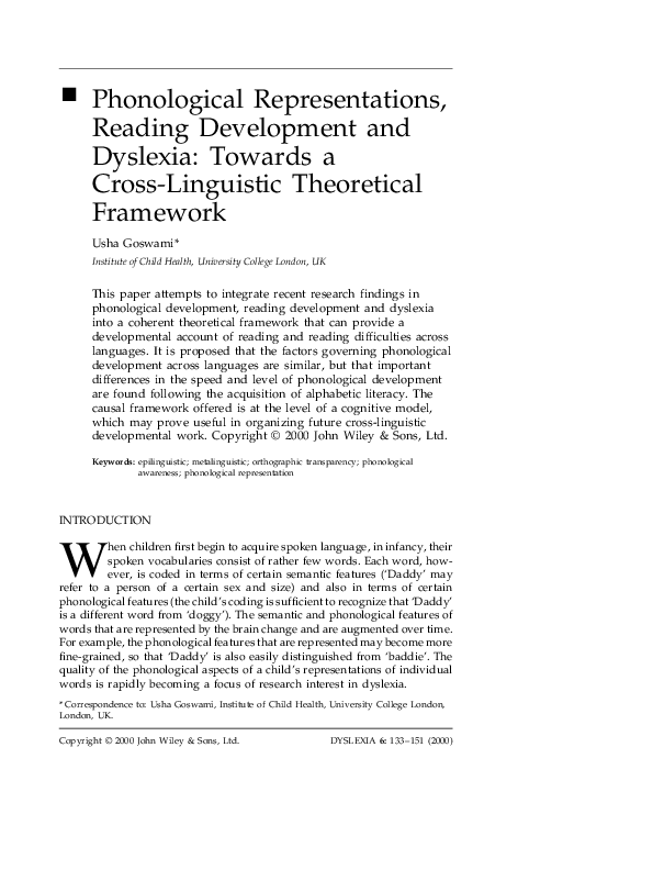 (PDF) Phonological representations, reading development and dyslexia: towards a cross-linguistic ...