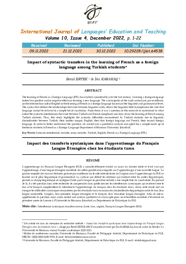 (PDF) Impact of syntactic transfers in the learning of French as a foreign language among ...