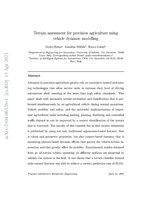 (PDF) Terrain assessment for precision agriculture using vehicle dynamic modelling