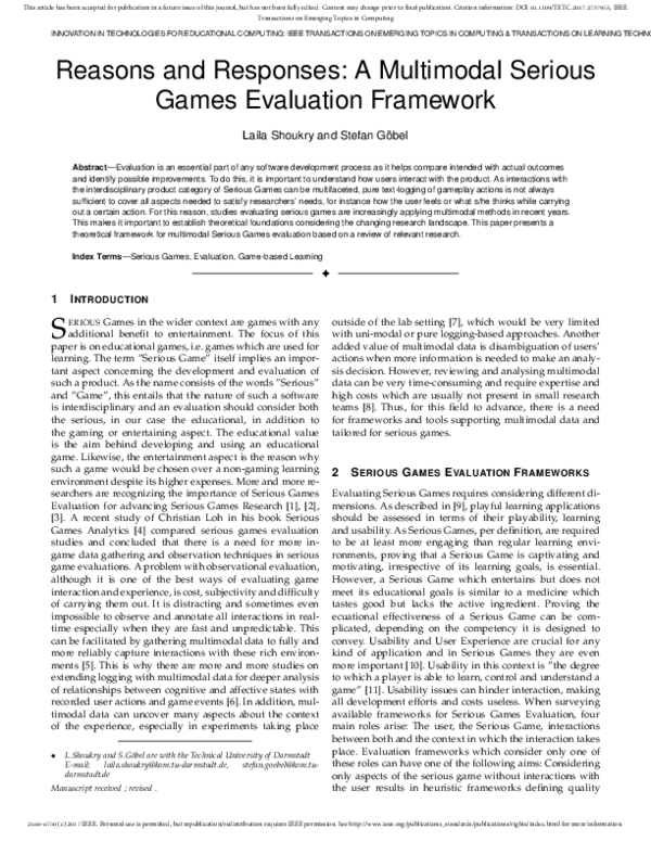 Pdf Reasons And Responses A Multimodal Serious Games Evaluation Framework