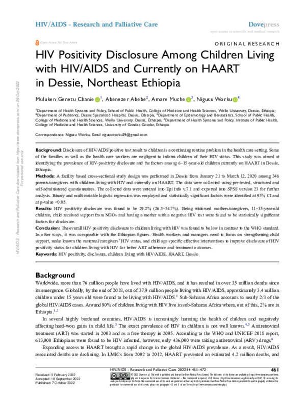 (PDF) HIV Positivity Disclosure Among Children Living with HIV/AIDS and ...