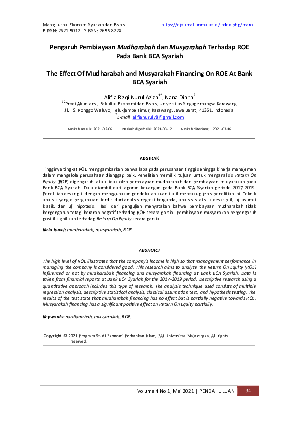 (PDF) Pengaruh Pembiayaan Mudharabah Dan Musyarokah Terhadap Roe Pada ...