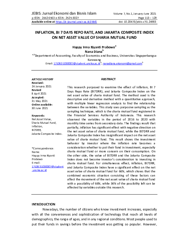 (PDF) Inflation, Bi 7 Days Repo Rate, and Jakarta Composite Index on Net Asset Value of Sharia ...