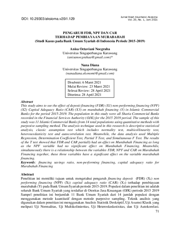 (PDF) PENGARUH FDR, NPF DAN CAR TERHADAP PEMBIAYAAN MURABAHAH (Studi Kasus pada Bank Umum ...