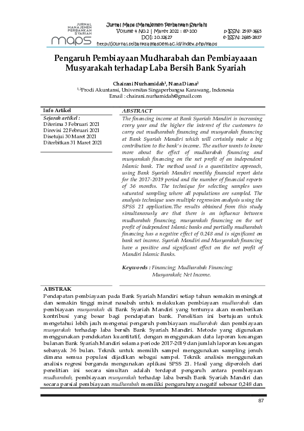 (PDF) Pengaruh Pembiayaan Mudharabah dan Pembiayaaan Musyarakah terhadap Laba Bersih Bank Syariah