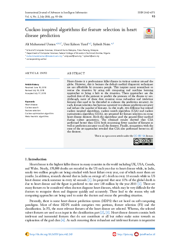 (PDF) Cuckoo inspired algorithms for feature selection in heart disease prediction