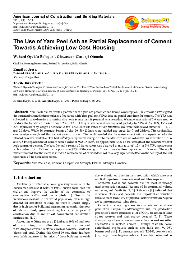 (PDF) Utilizing Yam Peel Ash for Low-Cost Housing Cement Replacement (PDF) Utilizing Yam Peel Ash for Low-Cost Housing Cement Replacement