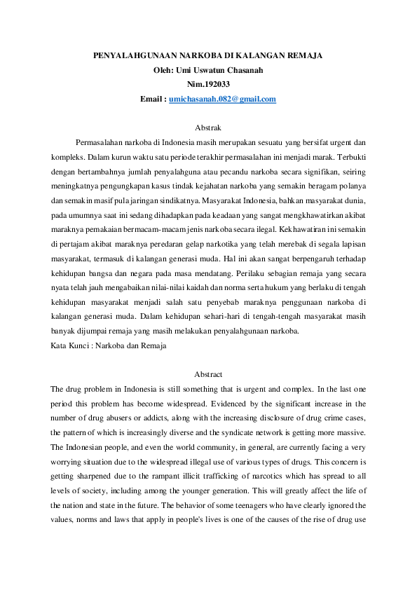 (PDF) PENYALAHGUNAAN NARKOBA DI KALANGAN REMAJA Oleh: Umi Uswatun Chasanah
