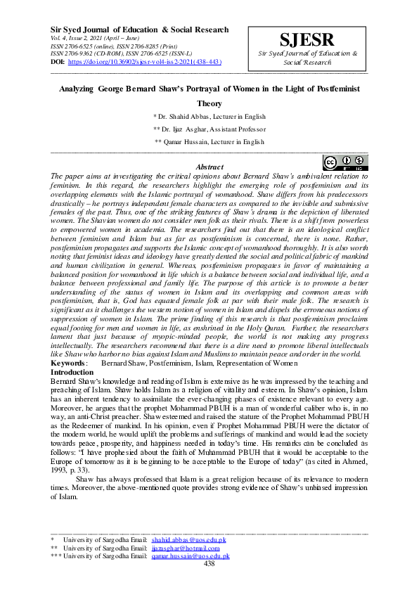 (PDF) Analyzing George Bernard Shaw’s Portrayal of Women in the Light ...