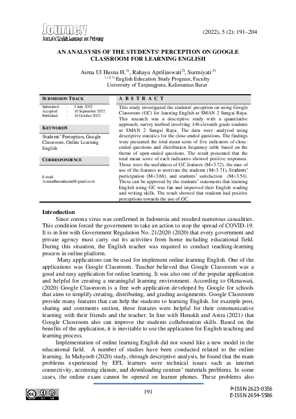 (PDF) An Analysis of the Students’ Perception on Using Google Classroom for Learning English ...