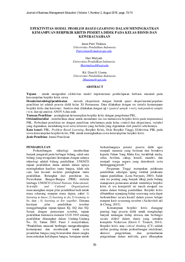 (PDF) Efektivitas Model Problem Based Learning Dalam Meningkatkan Kemampuan Berpikir Kritis ...