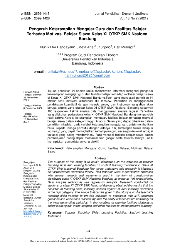 (PDF) Pengaruh Keterampilan Mengajar Guru dan Fasilitas Belajar Terhadap Motivasi Belajar Siswa ...