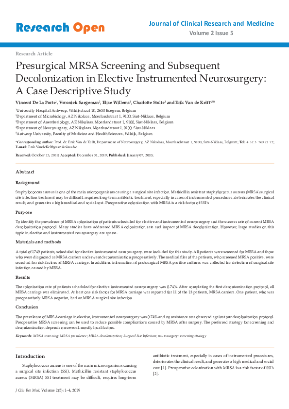 (PDF) Presurgical MRSA Screening and Subsequent Decolonization in Elective Instrumented ...